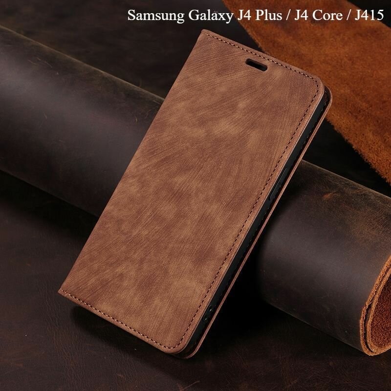 Кожаный чехол-книжка для Samsung Galaxy J4 Plus / J4 Core / J415 (Самсунг галакси j4 плюс, джи 4 плюс) , магнитный, с отделениями для карт и кошельком