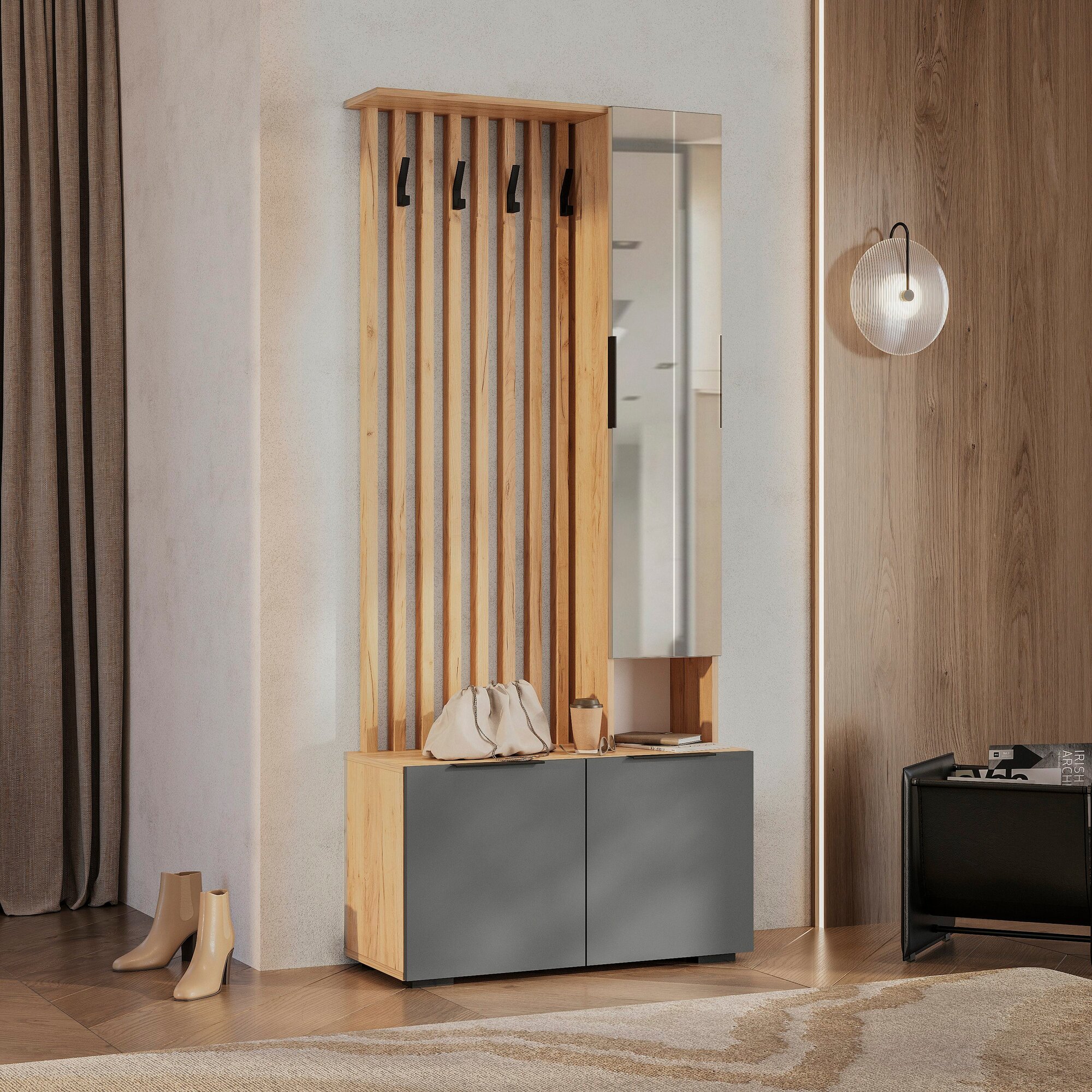 Прихожая "Сандра" ПР-03, вешалка для одежды, Крафт/Графит, Мебелони