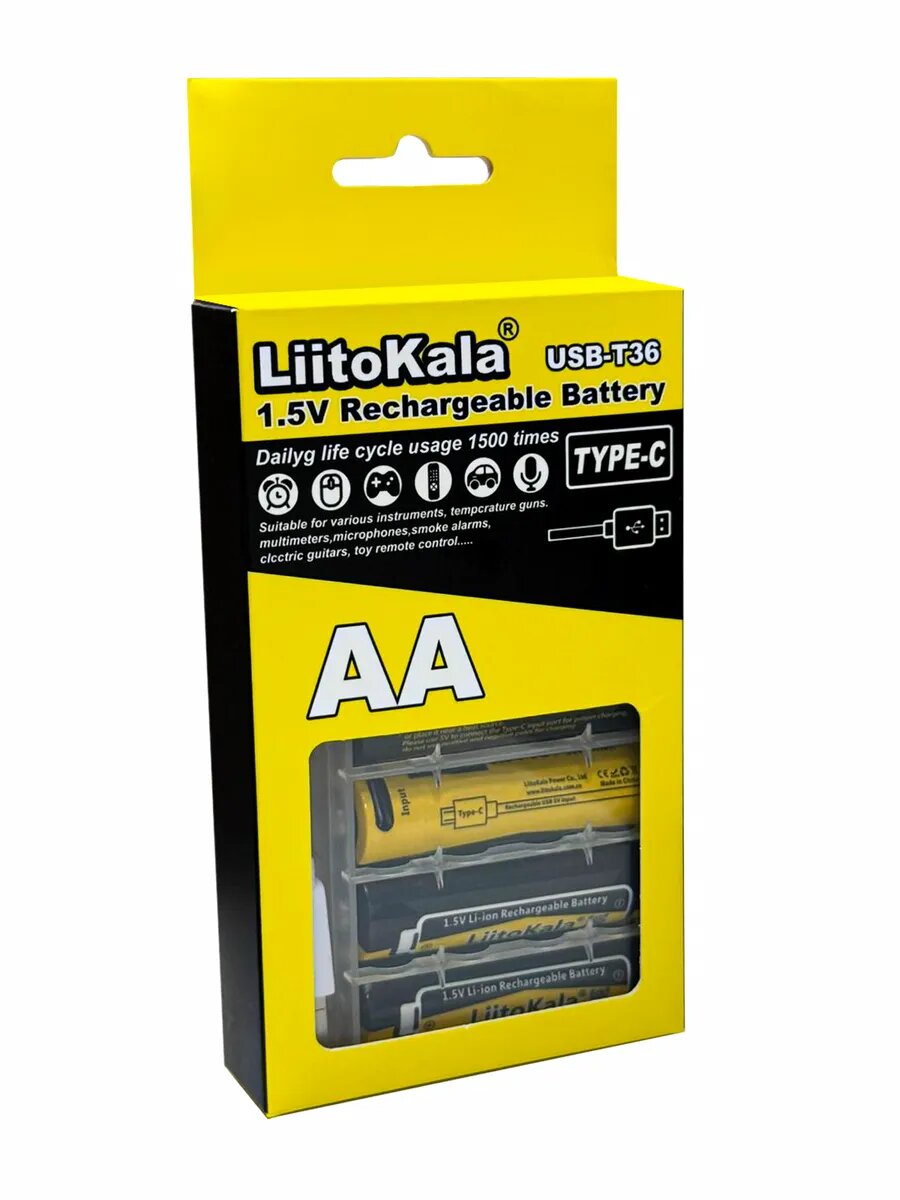 Аккумуляторы AA 1.5V с зарядкой Type-C, USB-T36 + бокс и кабель Type-C, 4 шт в комплекте