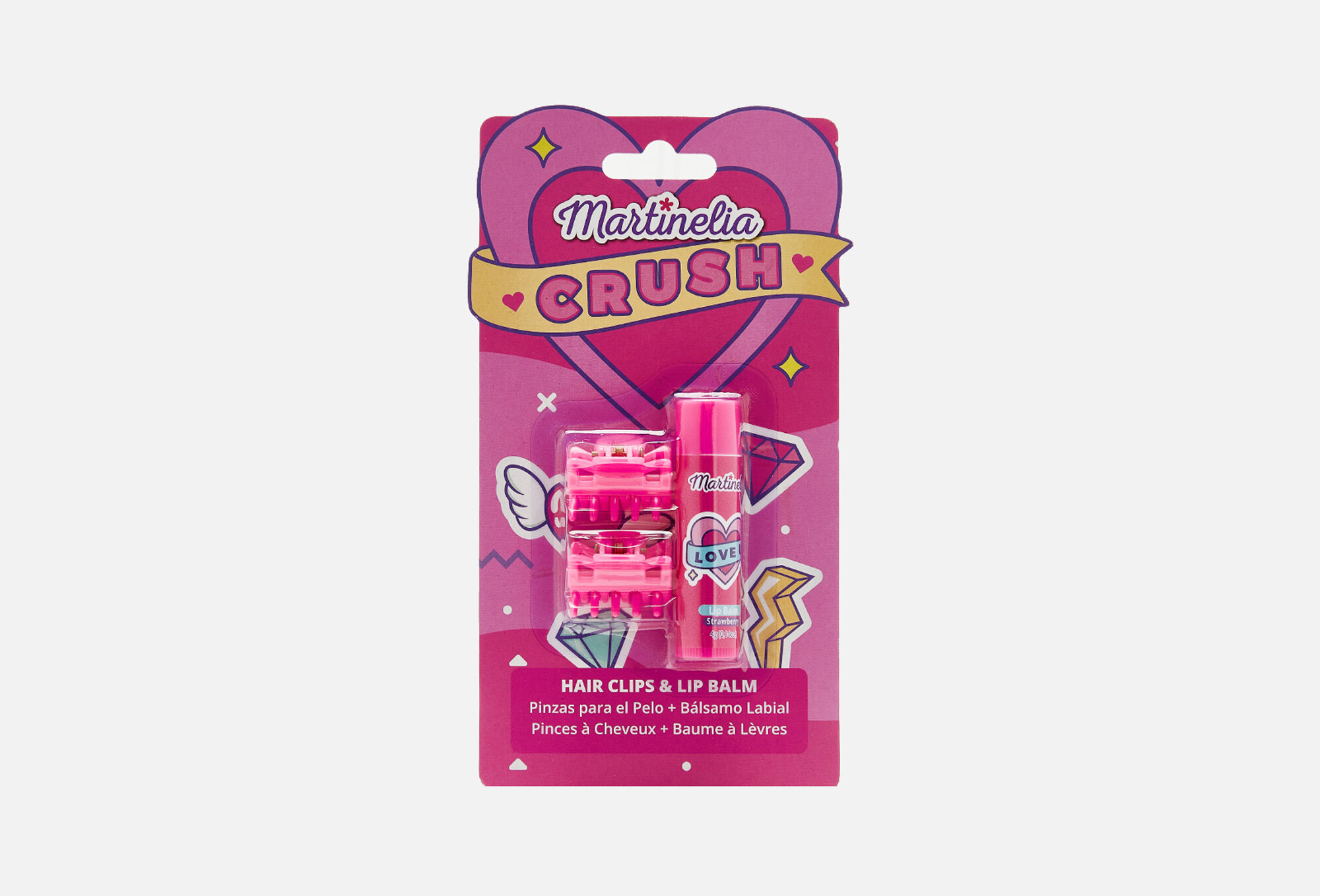Набор детской декоративной косметики из трех позиций MARTINELIA Crush Hair Clips & Lip Balm Strawberry 5 г