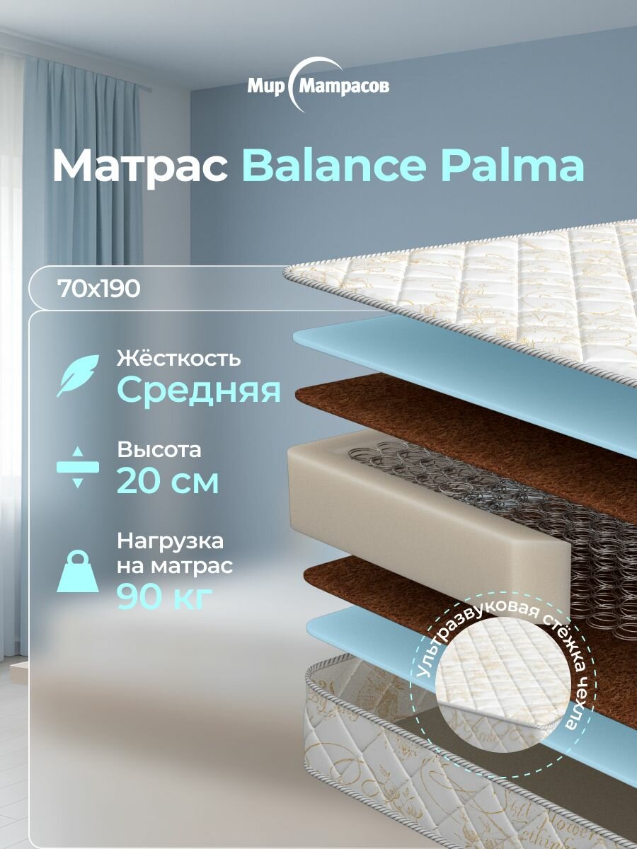 Матрас анатомический 70х190 Balance Palma, Зависимые пружины