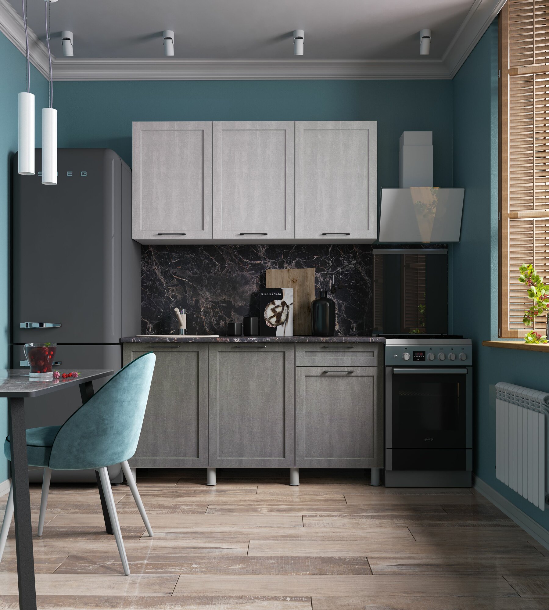 Кухонный гарнитур Кальяри (Корпус: 1,5 м белый + Фасад: "Кальяри" 1,5 м Холст Грей/Холст Натуральный) (Микон)