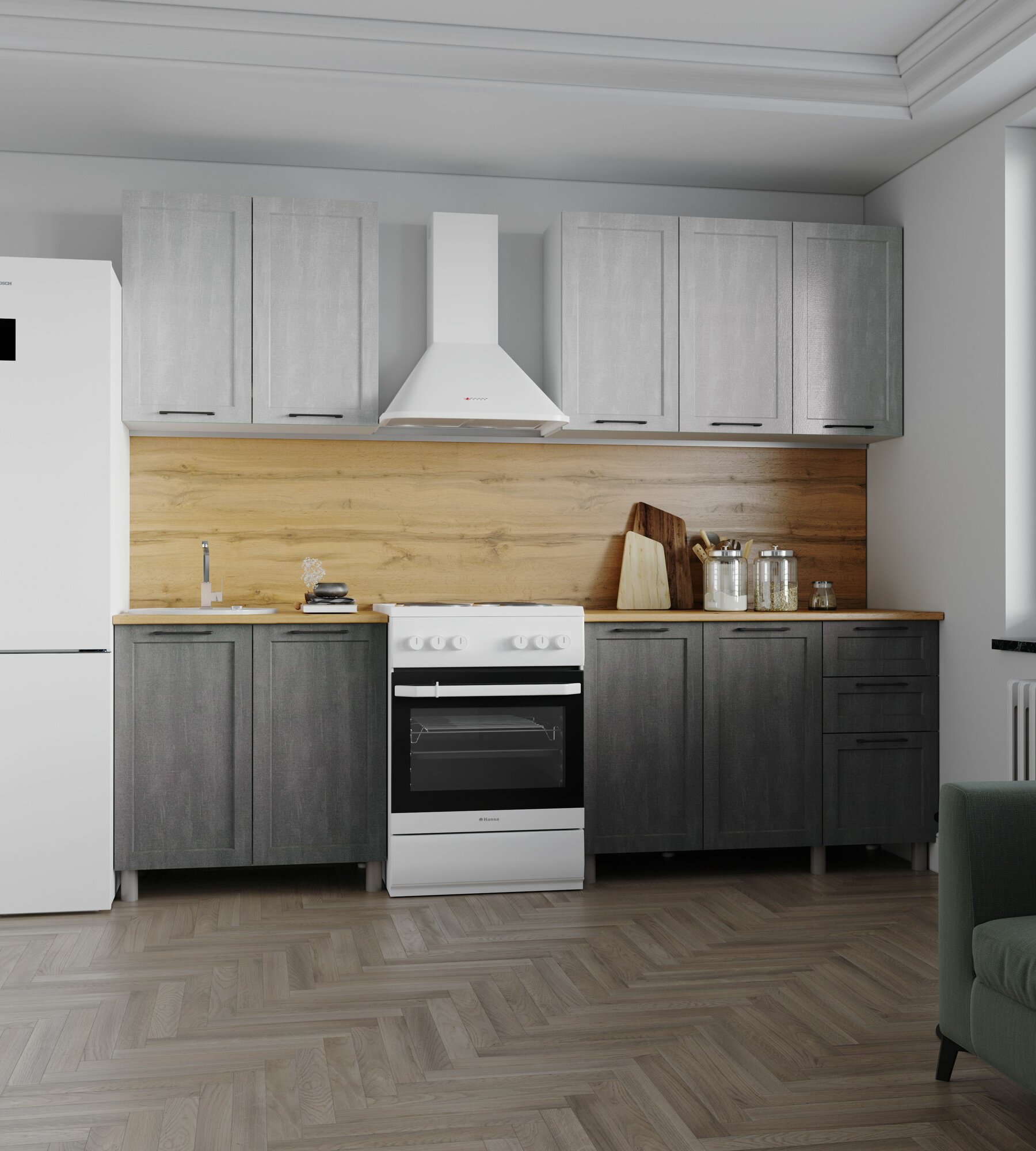 Кухонный гарнитур Кальяри (Корпус: 1,2 м белый + Фасад: "Кальяри" 1,2 м Холст Грей/Холст Натуральный) (Микон)