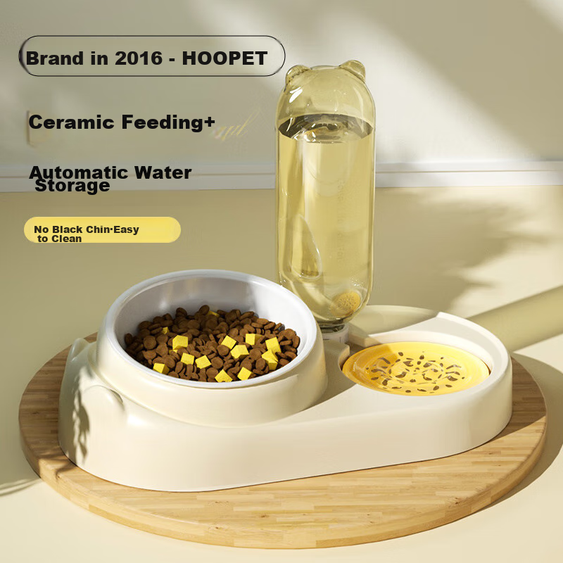 Hoopet Ceramic Double Bowl Pet Feeder with Automatic Water Dispenser, Cat Food And Water Bowl, Pet Food Dish for Dogs And Cats