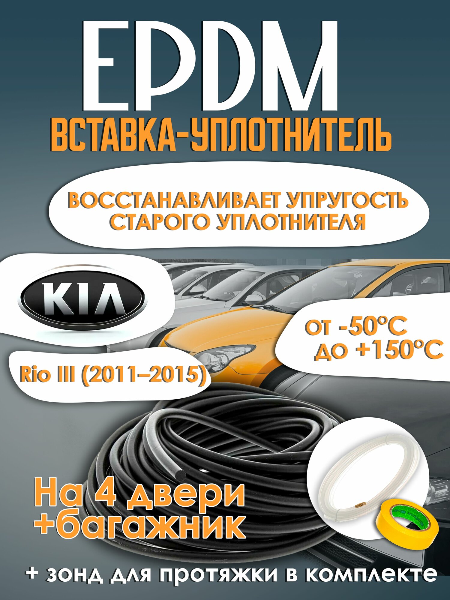 EPDM вставка-уплотнитель для дверей автомобиля Kia Rio III (2011-2015) / Киа Рио 3 поколение