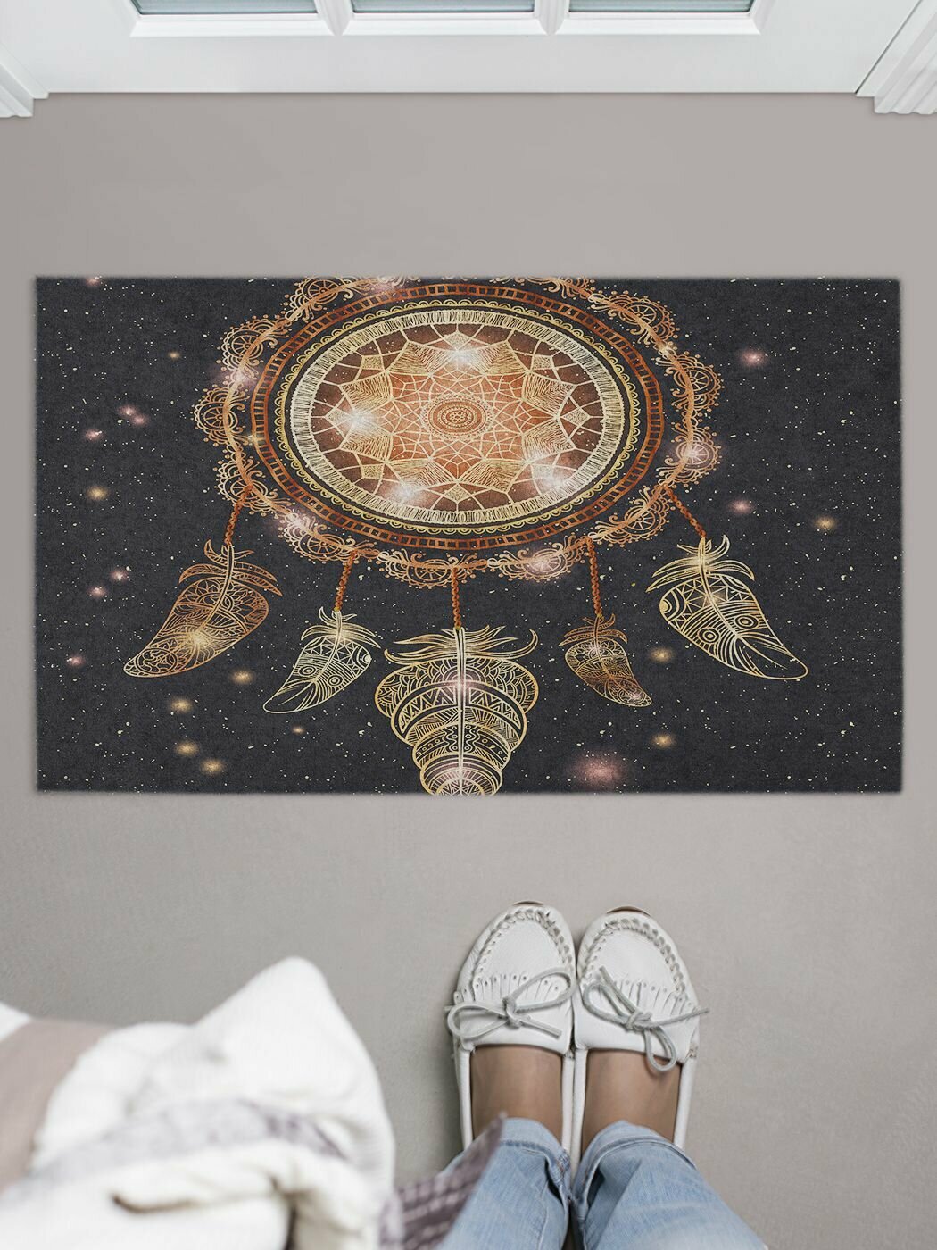 Коврик придверный в прихожую с принтом "Ловец снов и мандала" 45 на 75 см , JoyArty