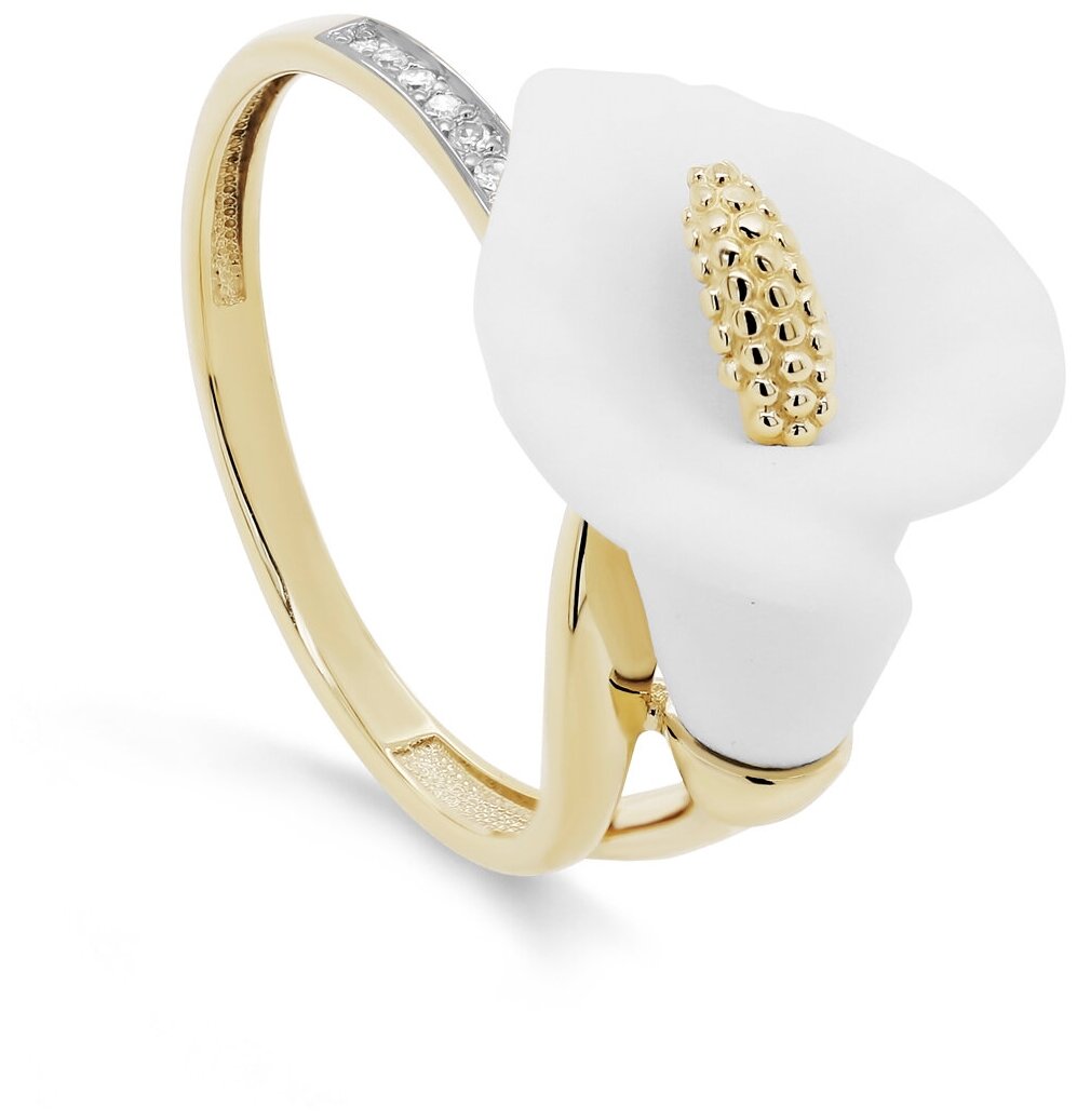 Кольцо, желтое золото, 585 проба, фарфор, бриллиант