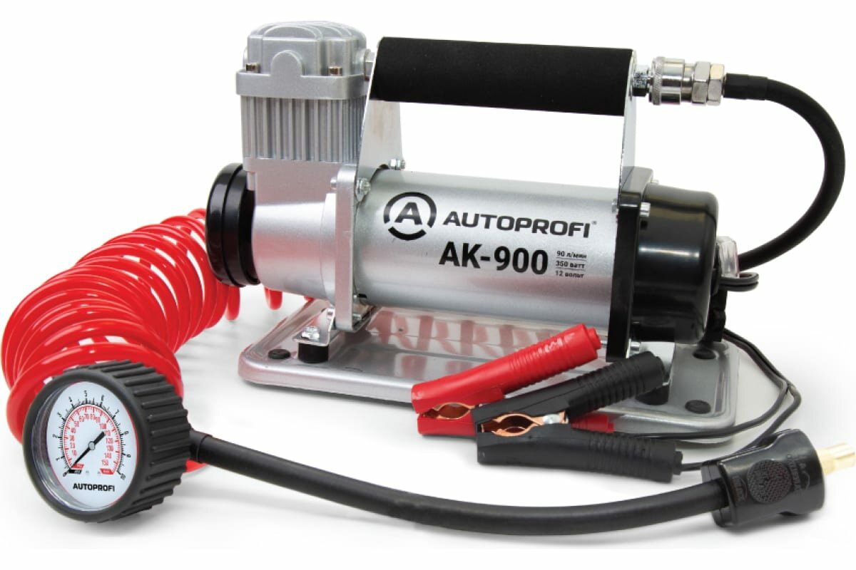 AUTOPROFI Компрессор воздушный , 90 л./мин, 12v/30a, 350w, шланг 5 м, шнур питания 3 м, питание от акб, клапан для регулир. давления, воздушный фильтр, набор из 4-х переходников для надувн. изделий, переходники для накач. лодок, сумка AK-900