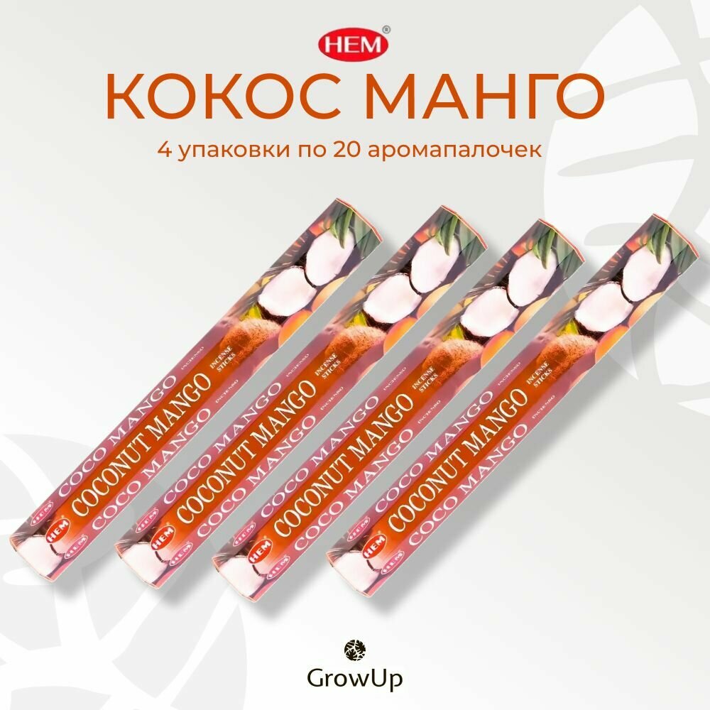 Набор HEM Кокос Манго - 4 упаковки по 20 шт, благовония для медитаций, духовных практик и йоги, Coconut Mango - Hexa ХЕМ - ароматические палочки