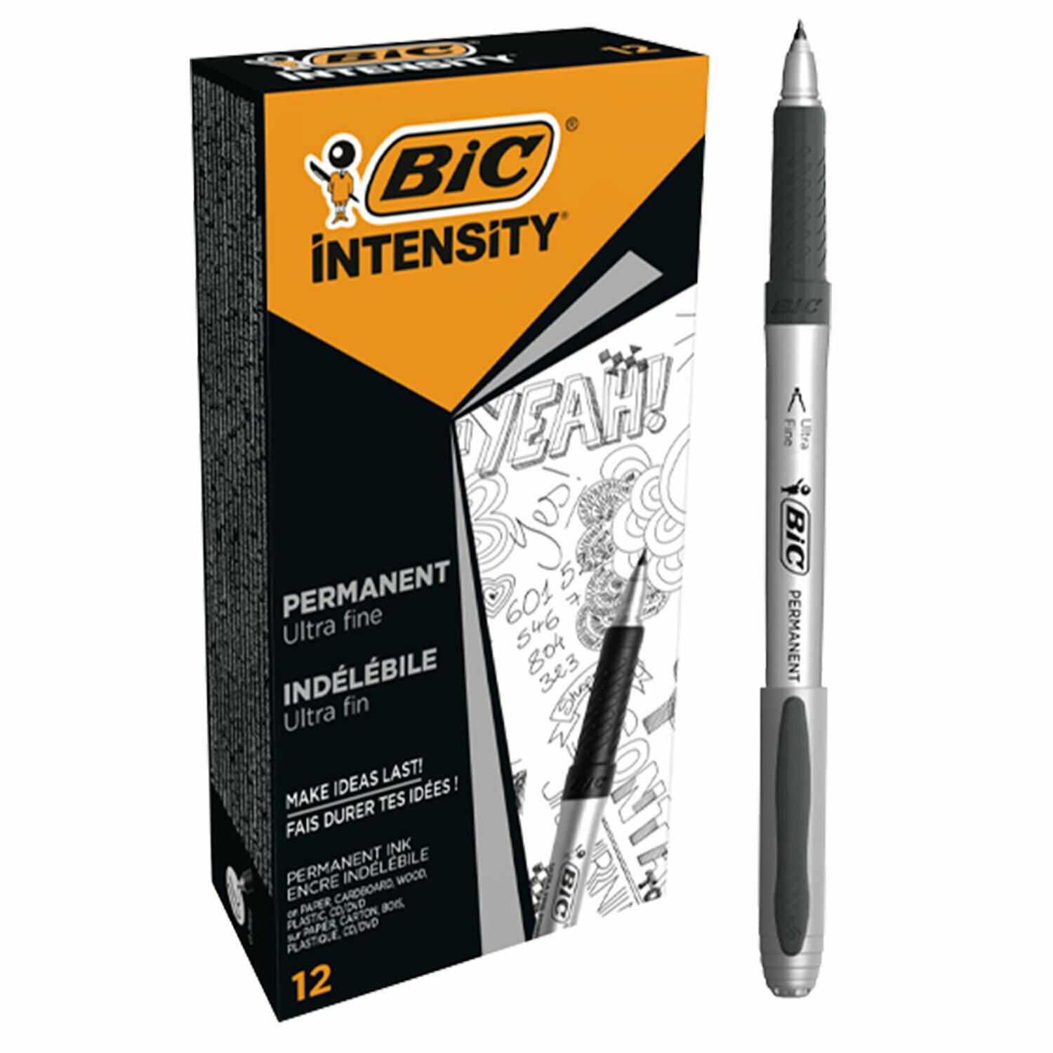 Упаковка 12 шт. Маркер перманентный BIC "Intensity Ultra Fine", черный, тонкий наконечник 0,8 мм, 8290801
