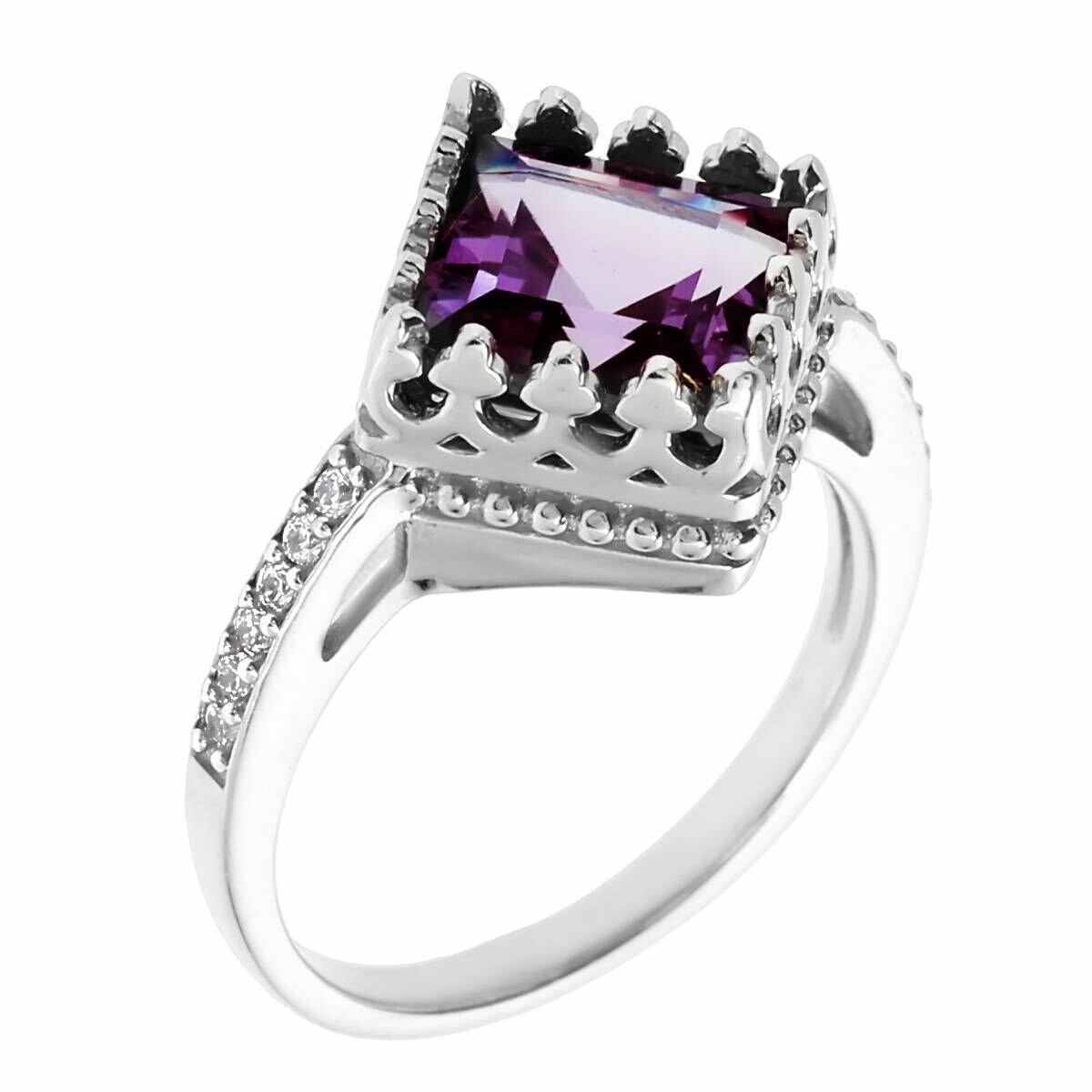 Кольцо тонкое, серебро, 925 проба, родирование, фианит, александрит синтетический