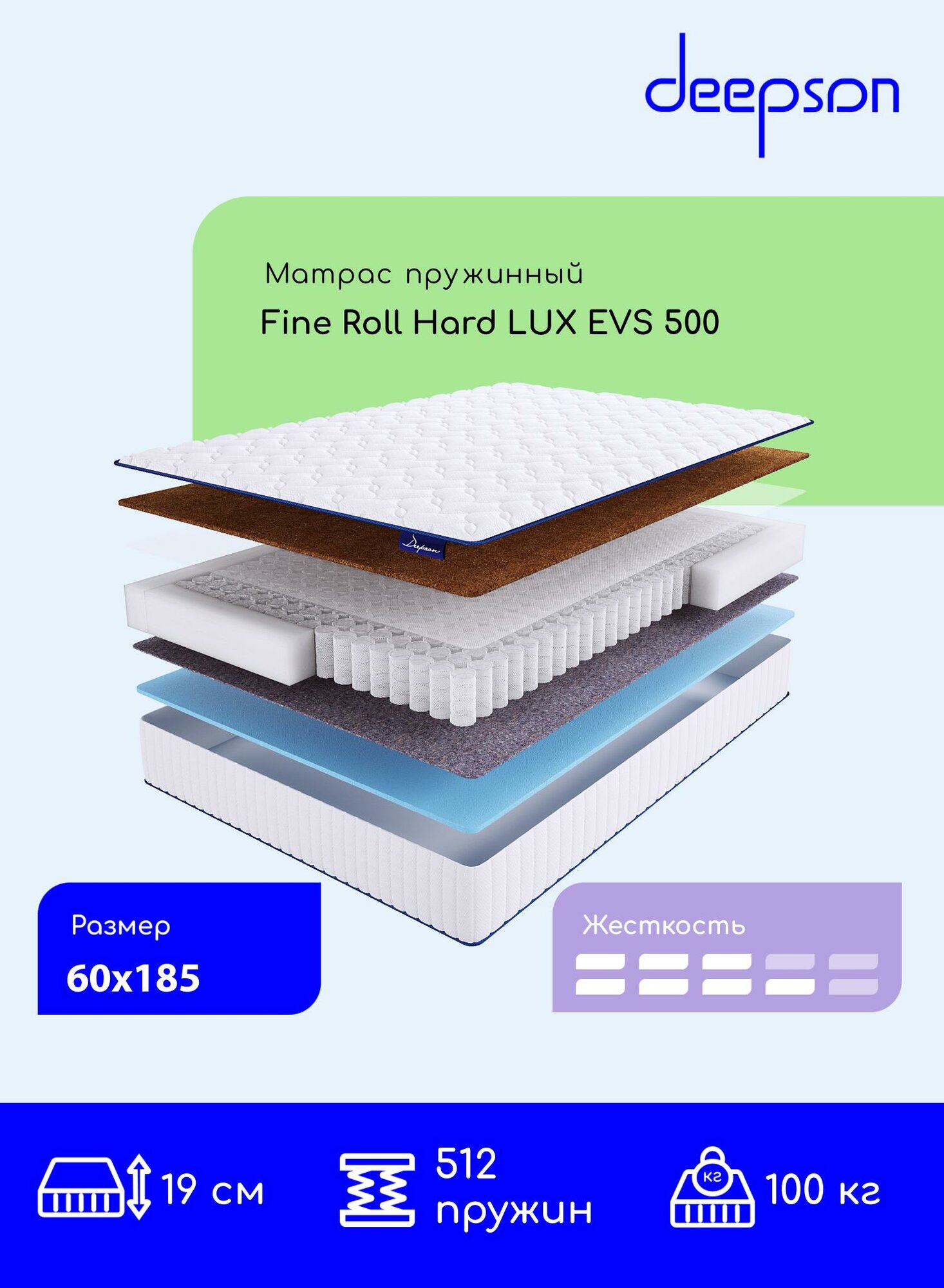 Матрас 60x185 ортопедический пружинный Fine Roll Hard LUX EVS 500 высота 19 см