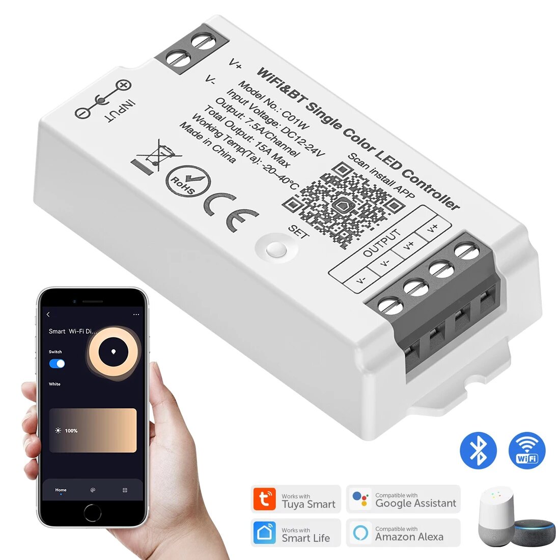 Умный RGBW контроллер BTF-LIGHTING для светодиодной ленты Remote- 1xController, 2 Pin DIM Lights