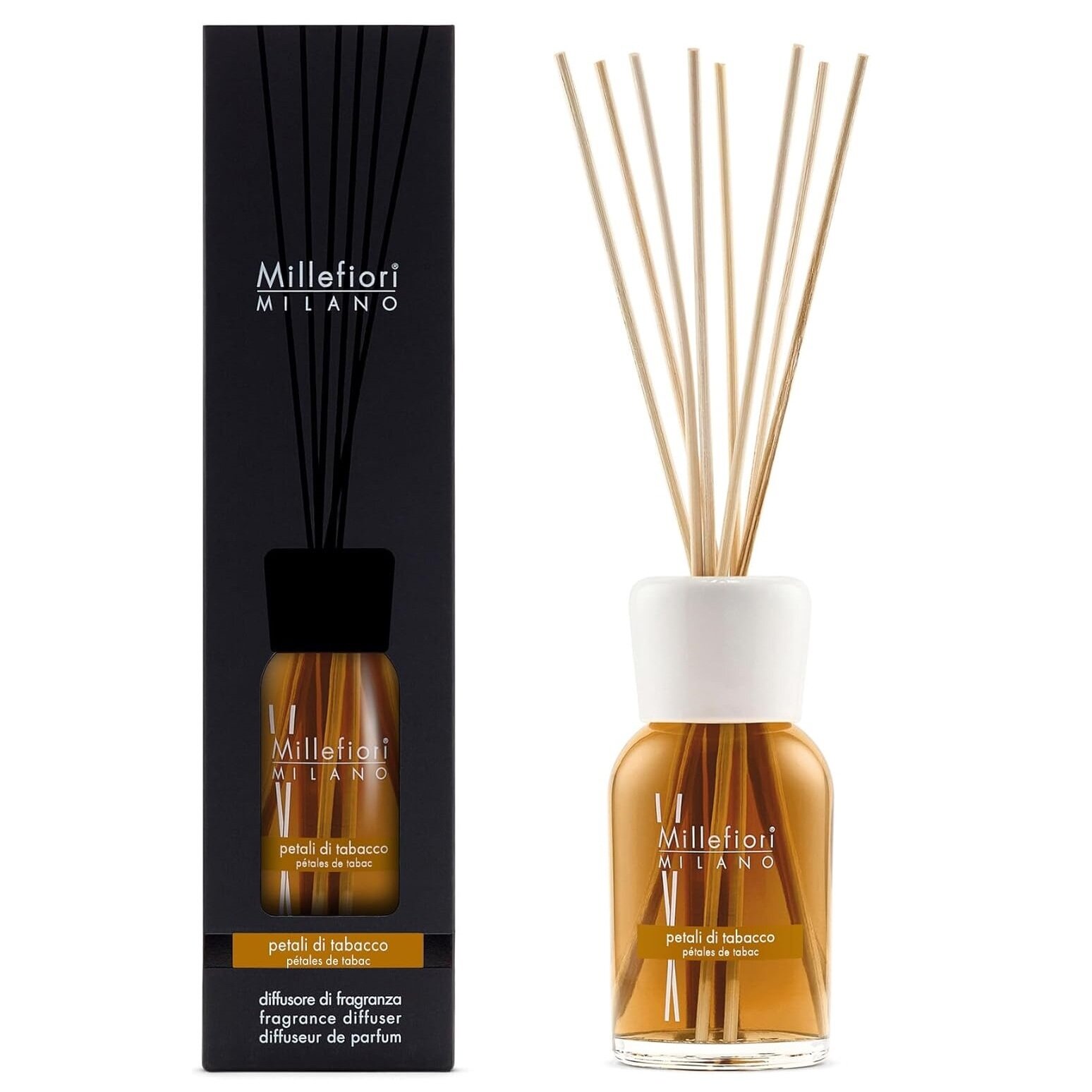 Millefiori Milano NATURAL / Диффузор с палочками 250 мл Листья табака / Petali di tabacco