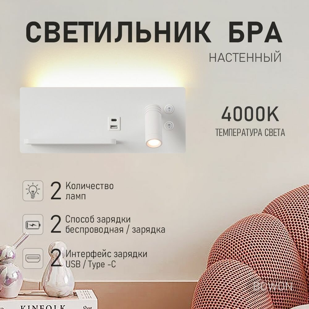BOWON Светильник настенный бра прикроватный для чтения с беспроводной зарядкой и USB Type-C, белый, правый