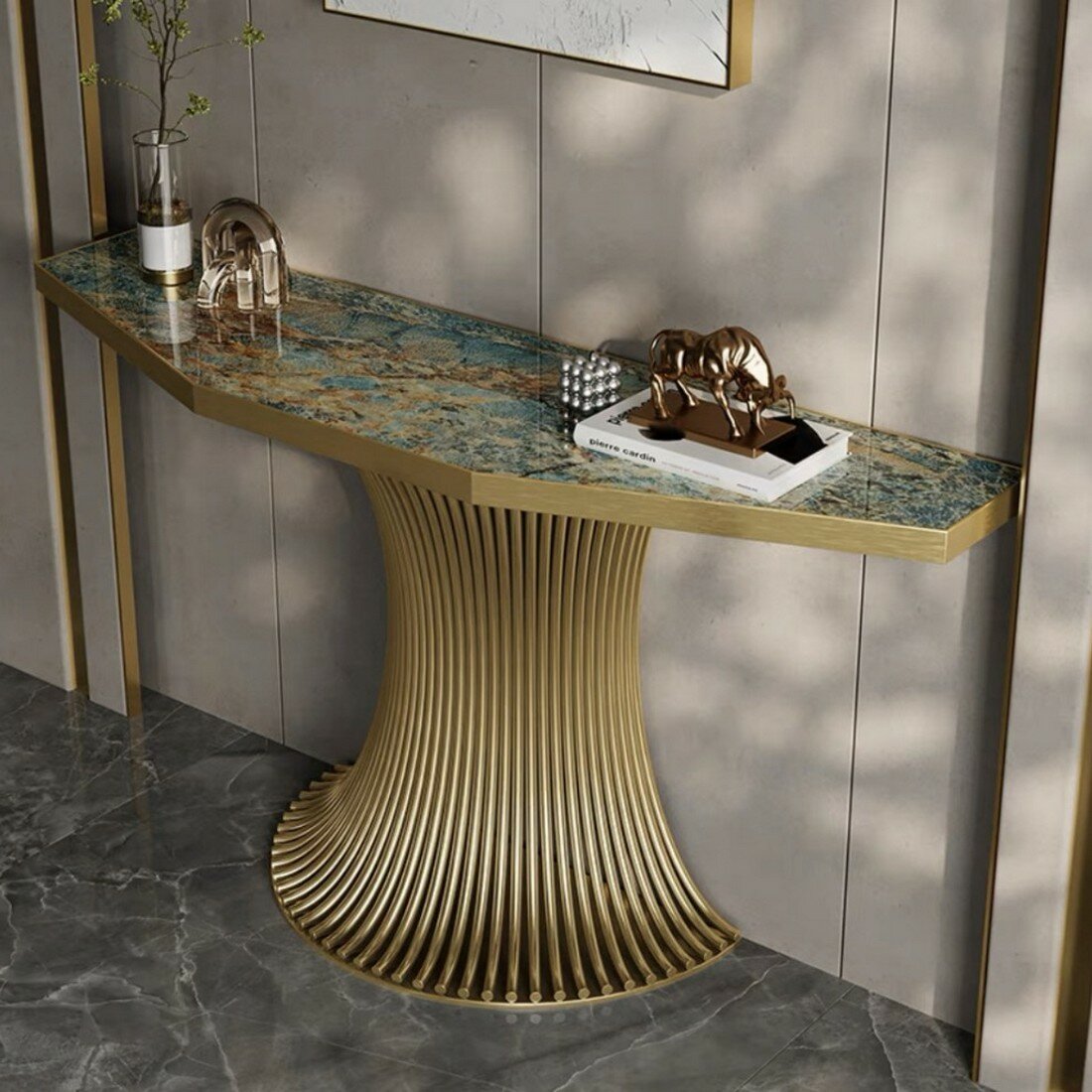 Консоль с каменной столешницей Jade (Золотое основание/ столешница зеленый с золотом/ 120см)