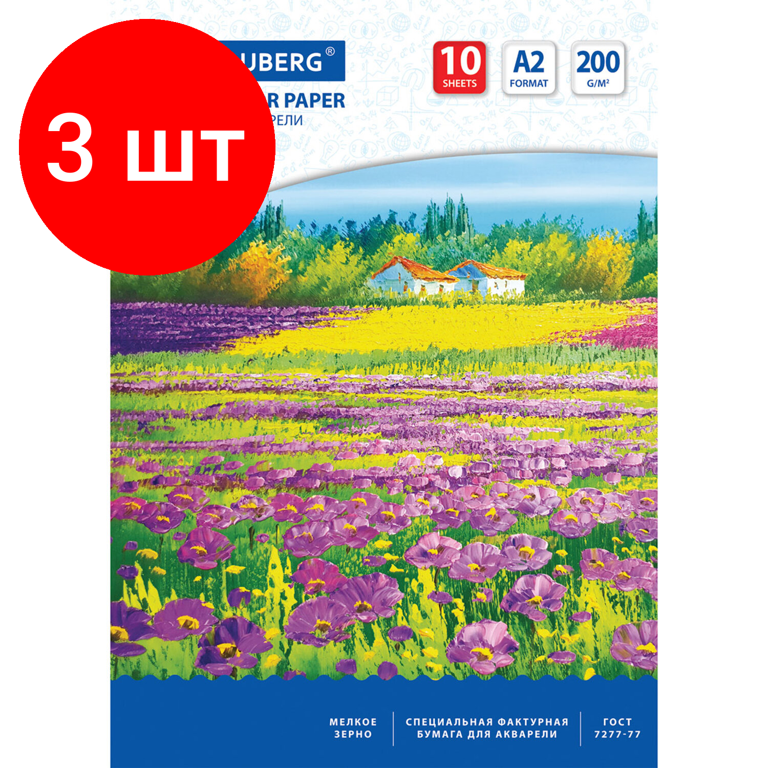 Комплект 3 шт, Бумага для акварели большая А2, 10 л, 200 г/м2, 400х590 мм, BRAUBERG, "Луг", 111062