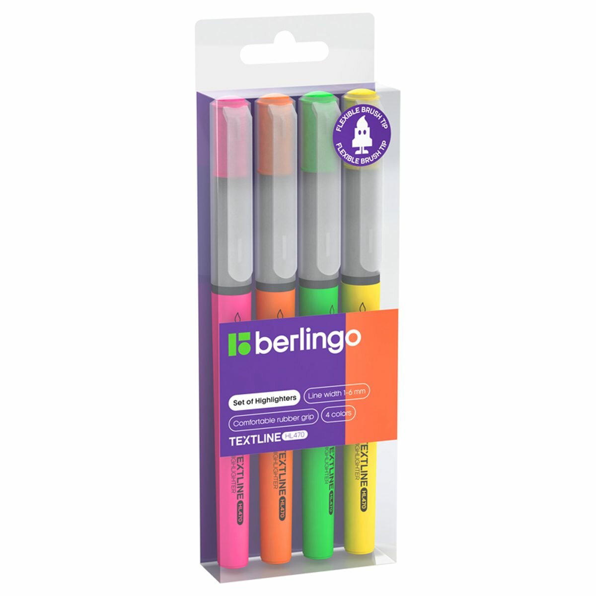 Набор маркеров-текстовыделителей Berlingo Textline HL470 (1-6мм, 4 цвета, кисть) 4шт. (T4520), 24 уп