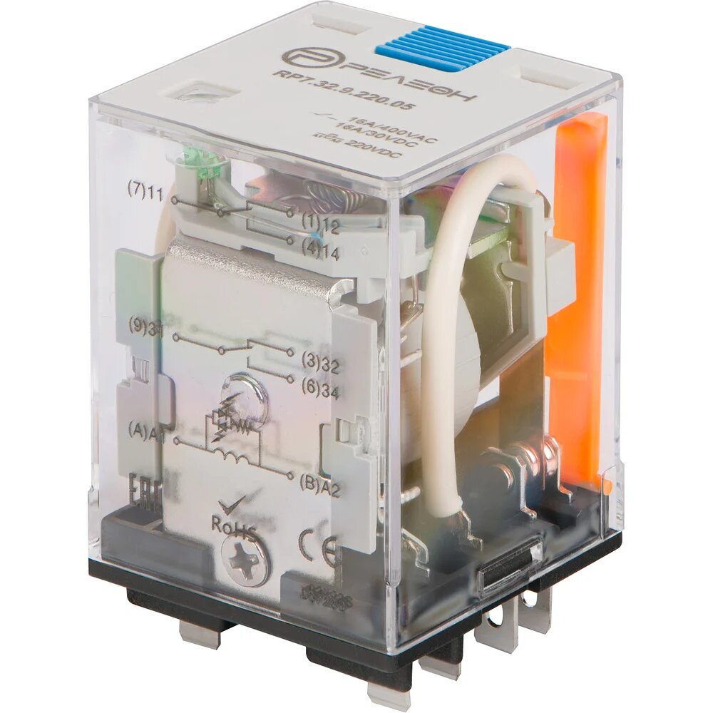Промежуточное реле релеон 2 CO контакта 12А ; 220В DC; блокируемая кнопка проверки + LE RP432922005, 12 А, 220 В