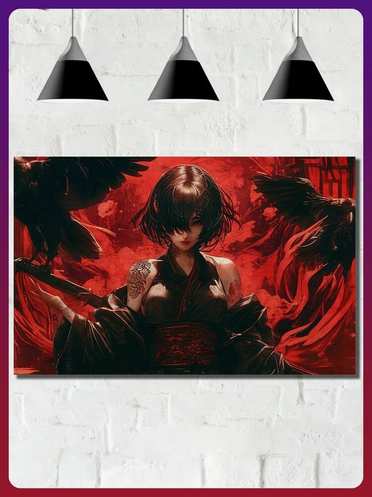 Картина интерьерная на рельефной доске Аниме Девушка (Самурай, эстетика, вороны, Азия, Япония) - 6241286