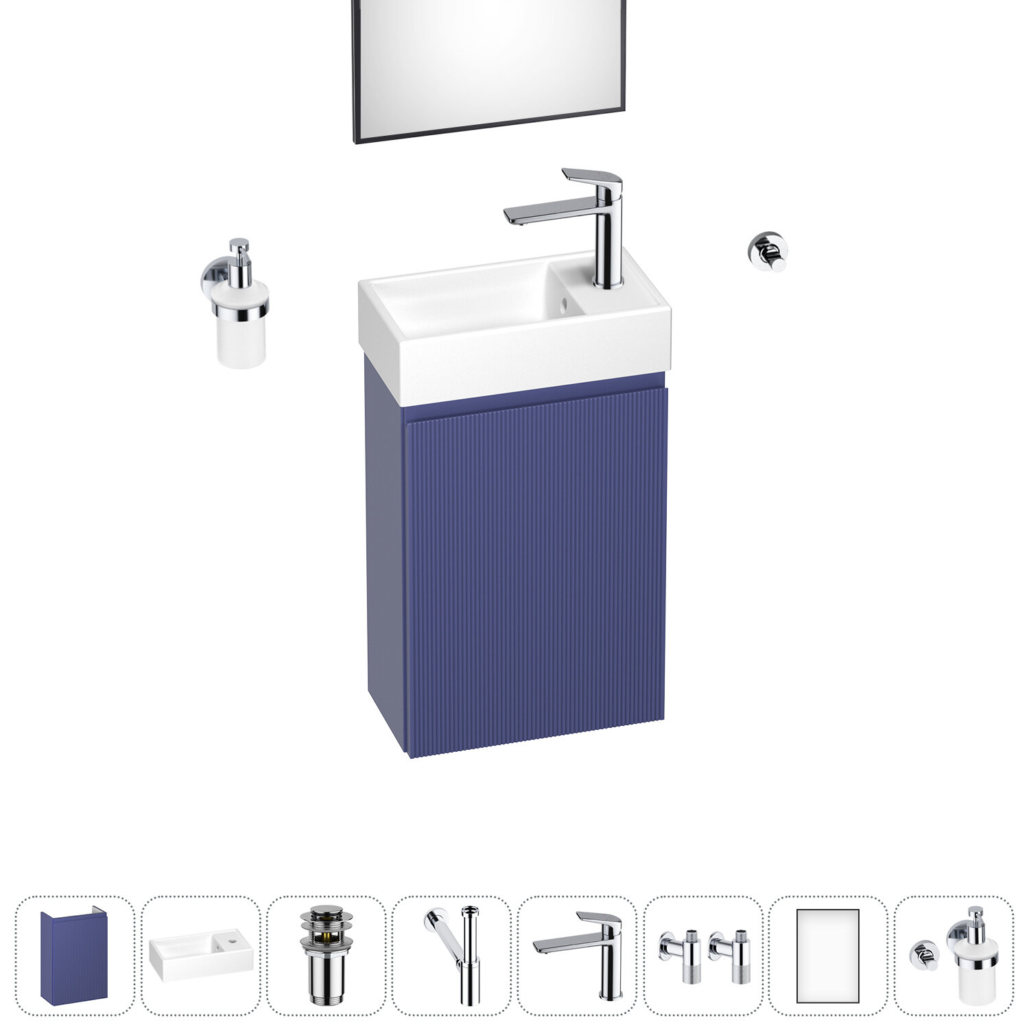 Влагостойкая тумба с раковиной в ванную комнату или туалет Wellsee WC Area 20216944R в наборе 9 в 1: тумба 40 см (матовый синий), маленькая раковина, донный клапан, сифон, смеситель, вентили 2 шт, зеркало, крючок, дозатор (цвет набора хром)