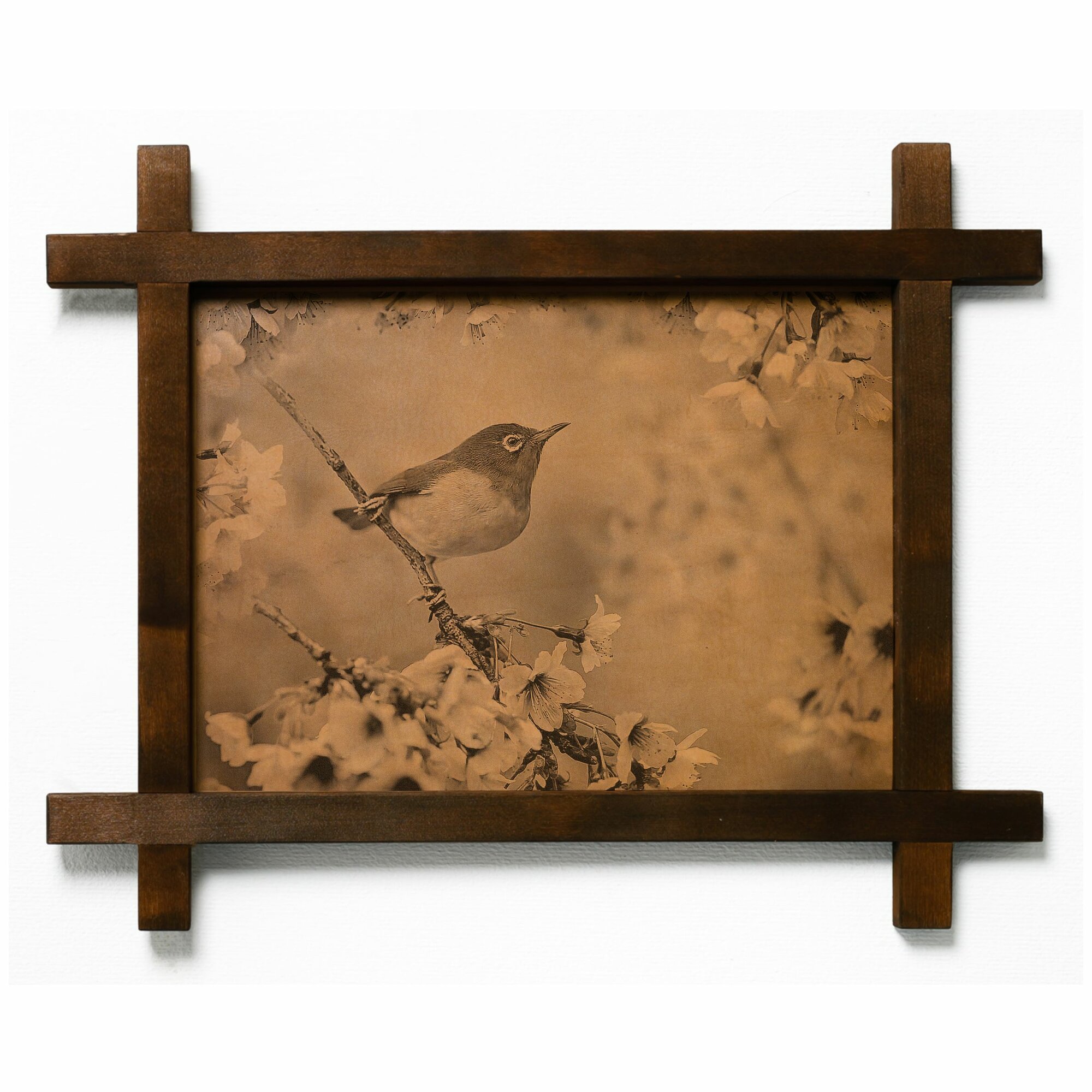 Интерьерная картина из натуральной кожи "Птичка на ветке", декоративное настенное панно в деревянной раме, BoomGift