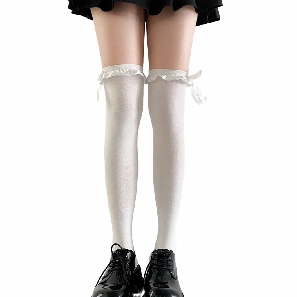 Атласные кружевные чулки-Белый
