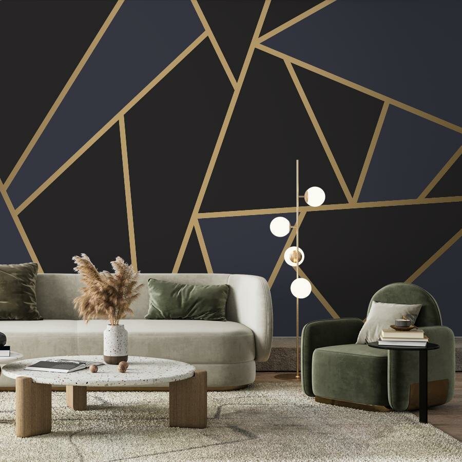 Фотообои Золотые треугольники на черном фоне 9-1492-L-Флок 270 x 400 см (ВхШ) Бесшовные, флизелиновые, влагостойкие обои MasterFresok