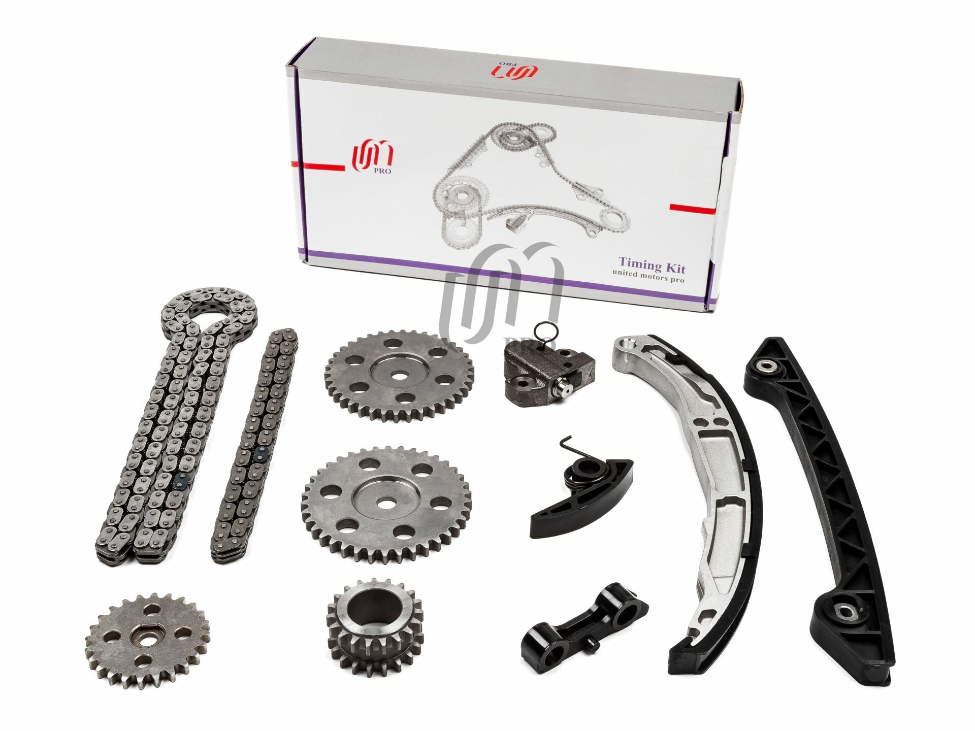 Комплект цепи ГРМ Ford 2.3 (1124373 / 2 цепи, натяжители ГРМ+МН, башмак, успокоители, звездочки) UMpro