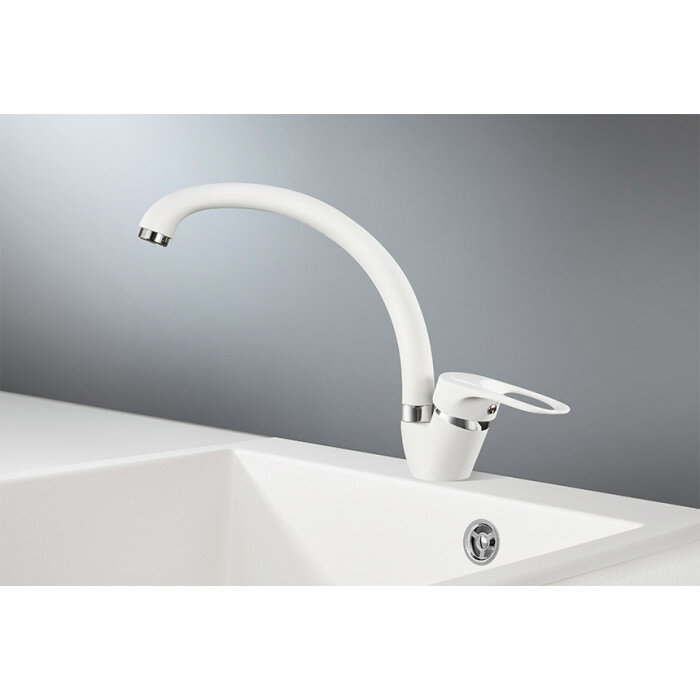 Смеситель кухонный Granula ST-03, рычажный, высокий излив, белый.