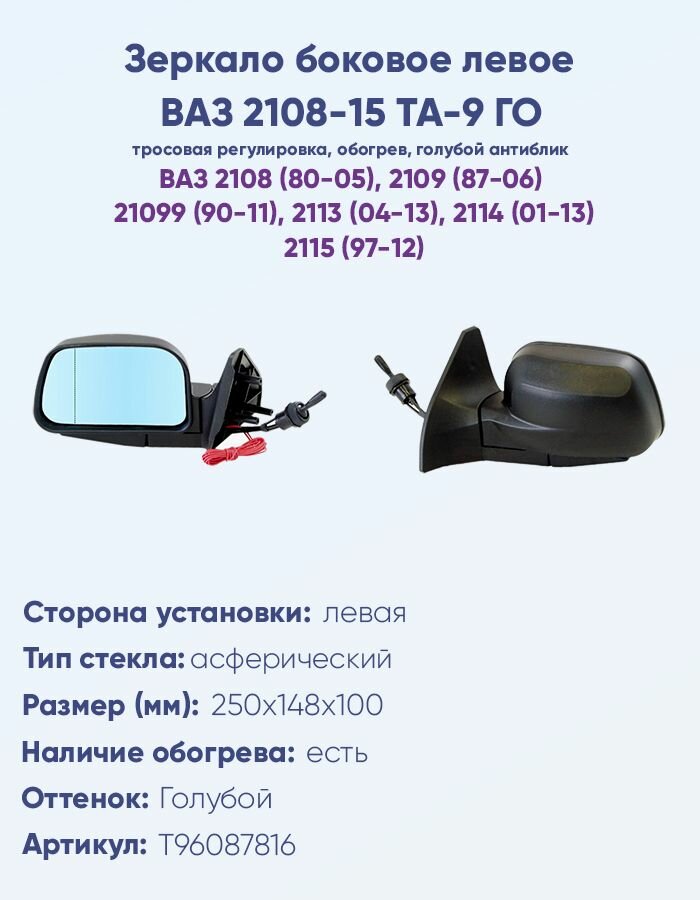 Зеркало боковое левое ВАЗ 2108-2115 модель ТА-9 ГО с тросовым приводом регулировки, с асферическим противоослепляющим отражателем голубого тона и системой обогрева.