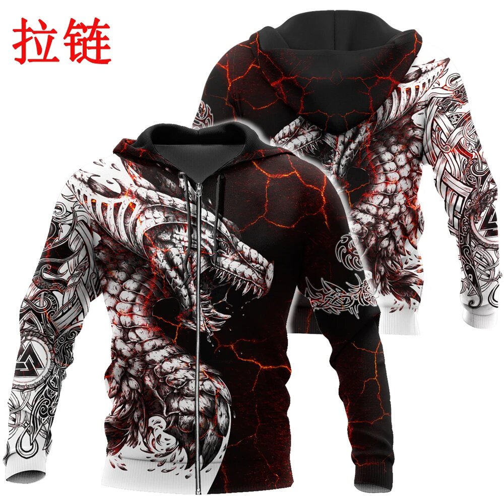 Черная и белая толстовка с принтом дракона, Zip Hoodies, XL