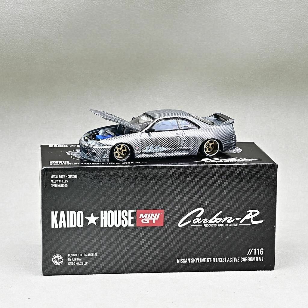 (Поставляется с защитной оболочкой)Машинка KAIDO HOUSE Mini Gt 1/64 KHMG116 Nissan Skyline GTR R33 Active Carbon R Varnish Chase Die-cast Alloy Car Model Collection Gift