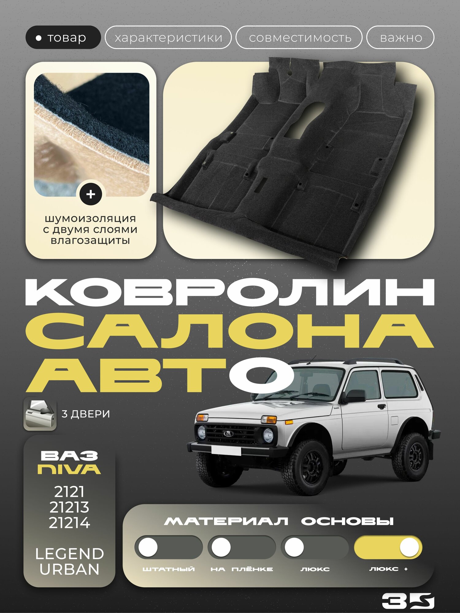 Ковролин пола салона для автомобилей ВАЗ 2121-21214 (формованный, многослойный), шумоизоляция с двумя слоями влагозащиты