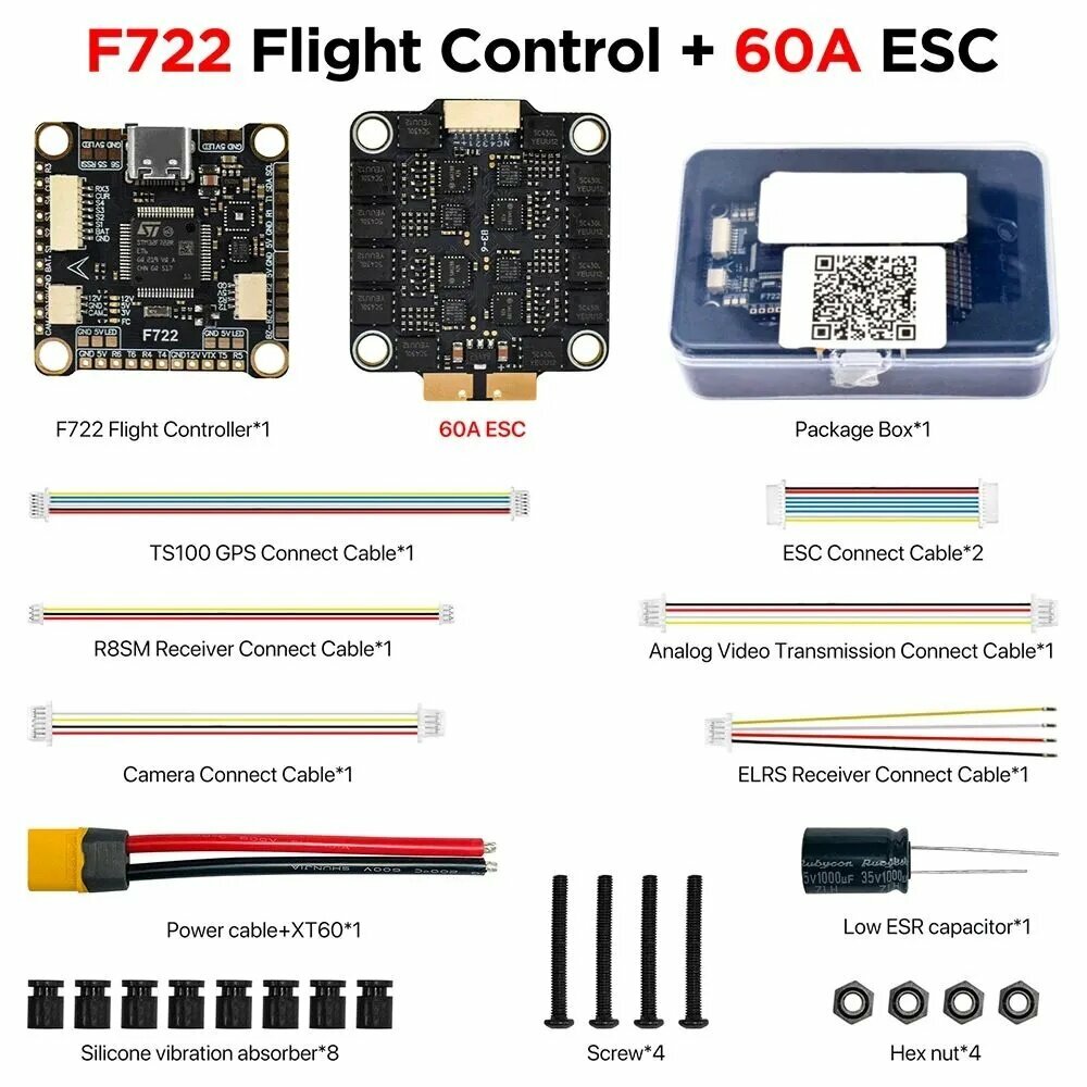 Комплект управления 9IMOD F722: контроллер F722, регулятор 60A для 3-6S LiPo. Размер 30.5x30.5 мм, поддержка 2.4G приемника. Для гоночных моделей и хобби.