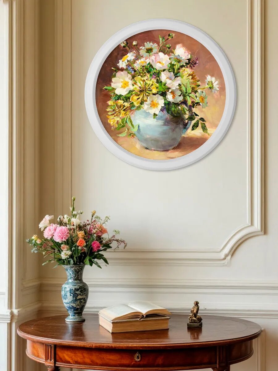 Картина на натуральном холсте в круглой деревянной раме "Летний букет" 57 см