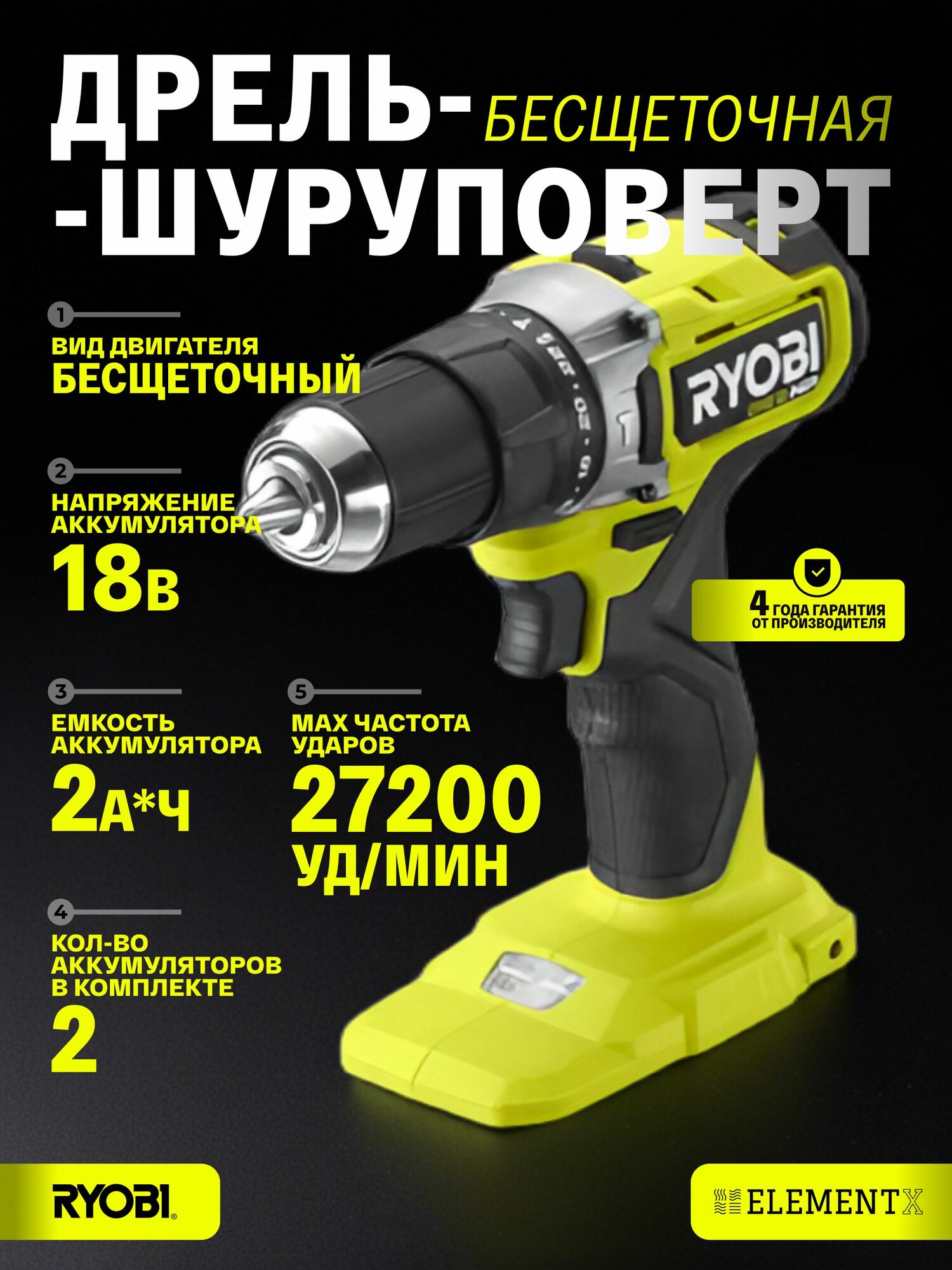 Дрель-шуруповерт ударная бесщеточная Ryobi ONE+ RPD18C-220S 5133004982