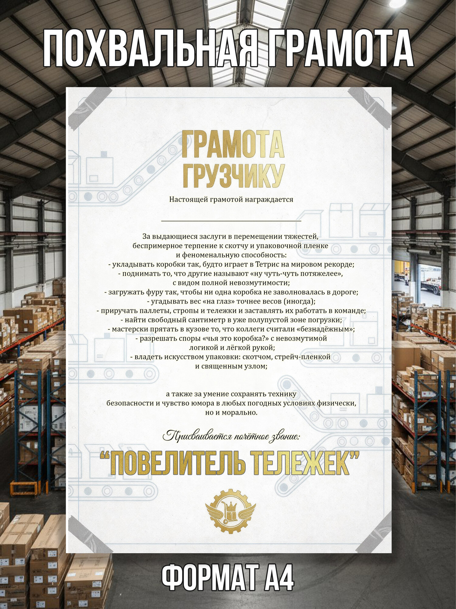 Похвальная грамота грузчику А4