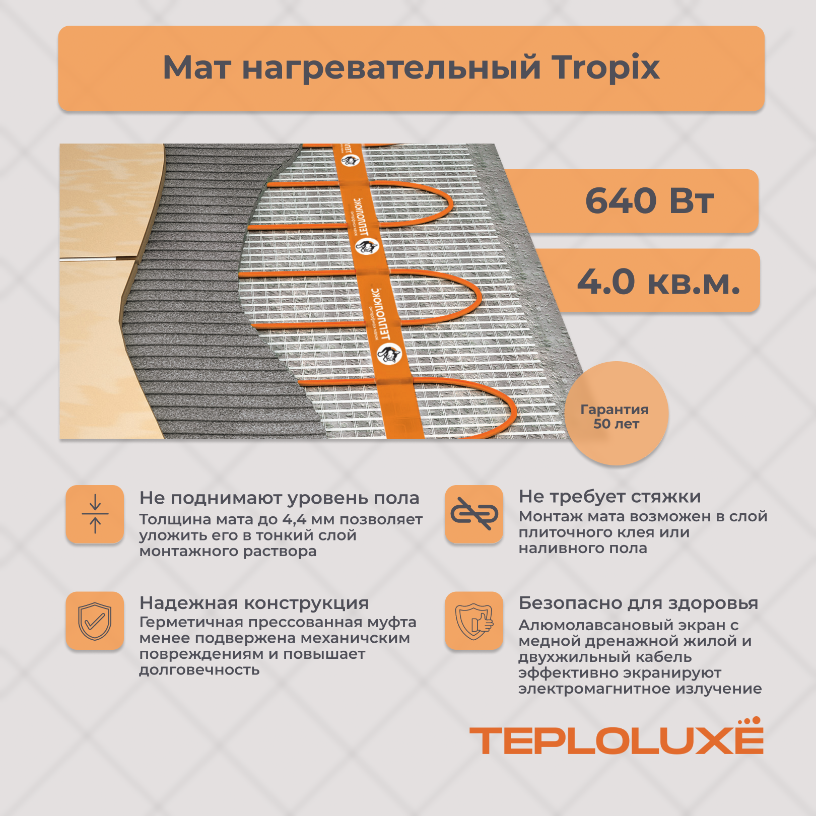 Нагревательный мат Теплолюкс Tropix МНН 640 Вт/ 4,0 м2, двухжильный, экранированный