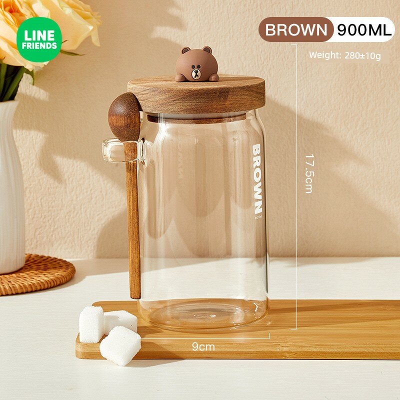 LINE FRIENDS Brown Bear герметичная стеклянная банка для кофе с ложкой - 900мл, одна штука для чая и сахара