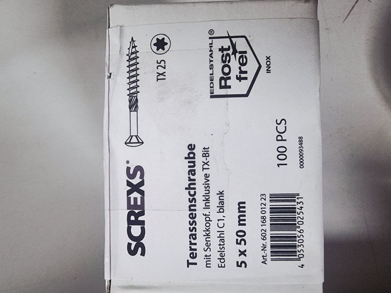 Скрексы саморезы для террасной доски, с потайной головой Torx + бита (TХ 25) нержавеющая сталь С1, блестящие полированная поверхность 5*50 (100шт-1уп) DIN 7997 RostFrei, Германия