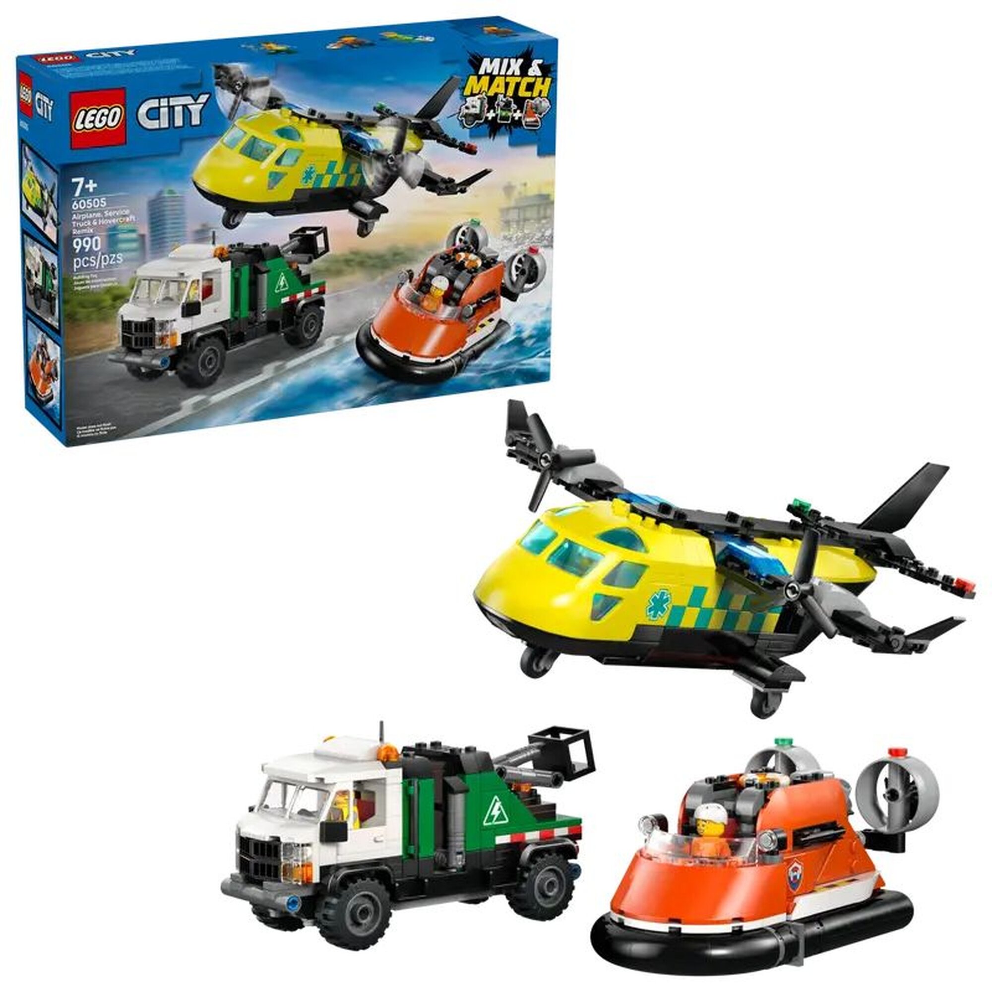 Конструктор LEGO CITY - Набор с самолетом, служебным грузовиком и судном на воздушной подушке, 990 эл. - Лего сити 60505