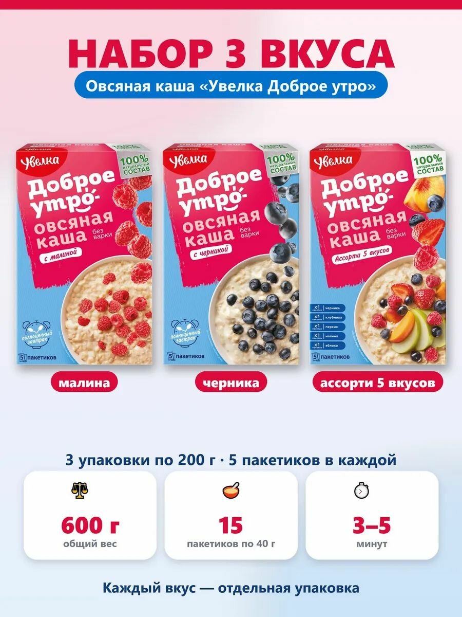Каша овсяная быстрого приготовления Увелка Доброе утро, набор вкусов: малина, черника, ассорти 5 вкусов. 600 г, 15 пакетиков по 40 г. Полезный завтрак для всей семьи.