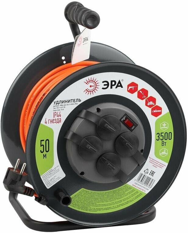 Удлинитель на катушке ЭРА 4 гнезда 50 м ПВС 3x1.5 кв. мм 6 А 3500 Вт IP 44 с заземлением, 1286102