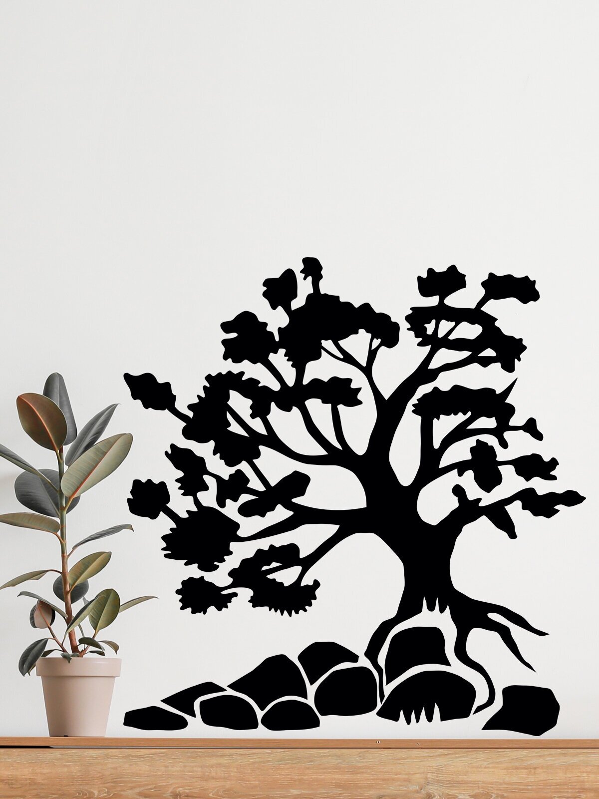 Наклейка на стену ' Дерево Сакура ', 59x59см. (япония, персиковое дерево бансай на камнях)