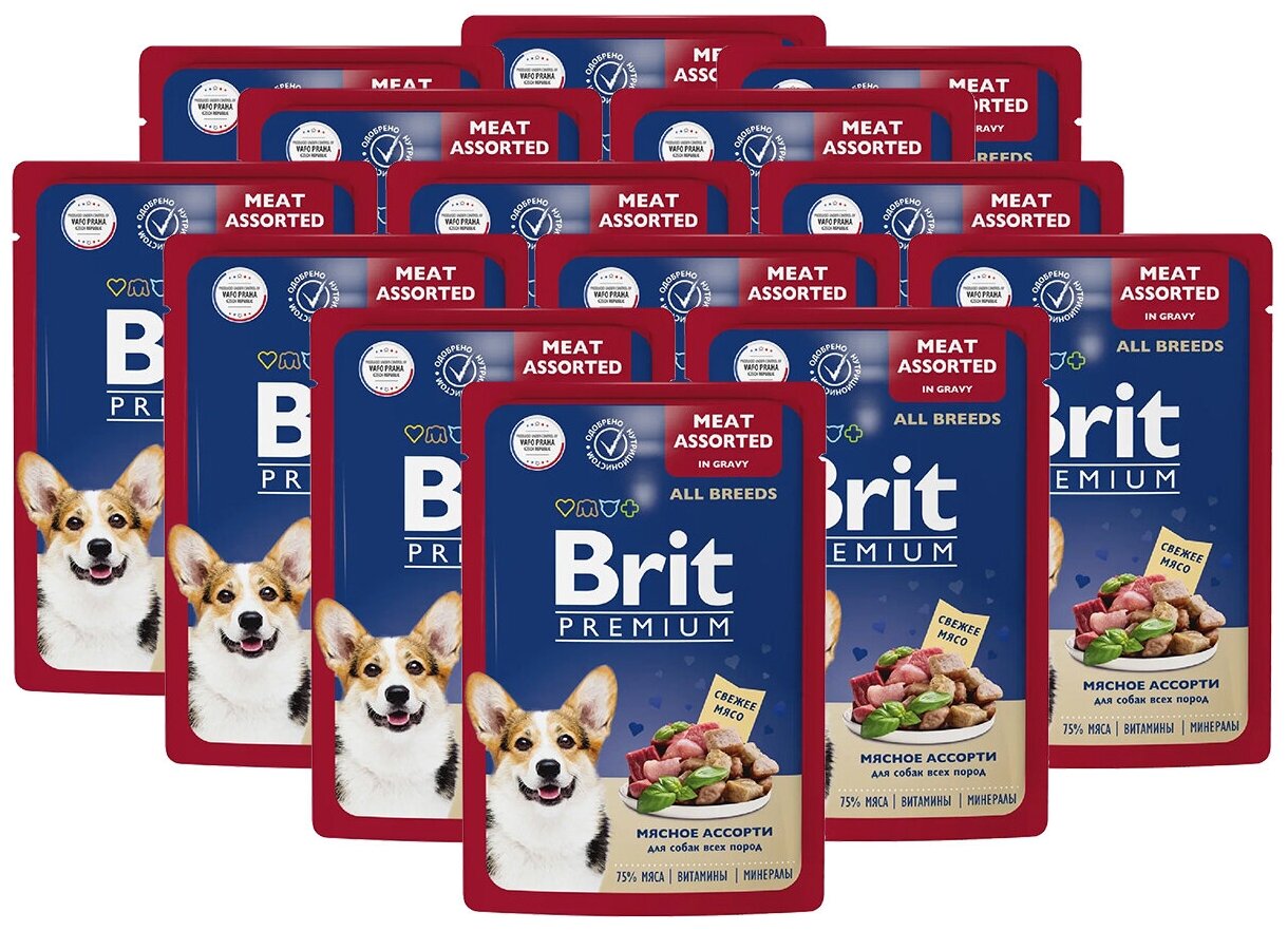 Консервированный корм BRIT PREMIUM DOG ALL BREEDS MEAT ASSORTED для взрослых собак всех пород с мясным ассорти в соусе (85 гр х 14 шт)