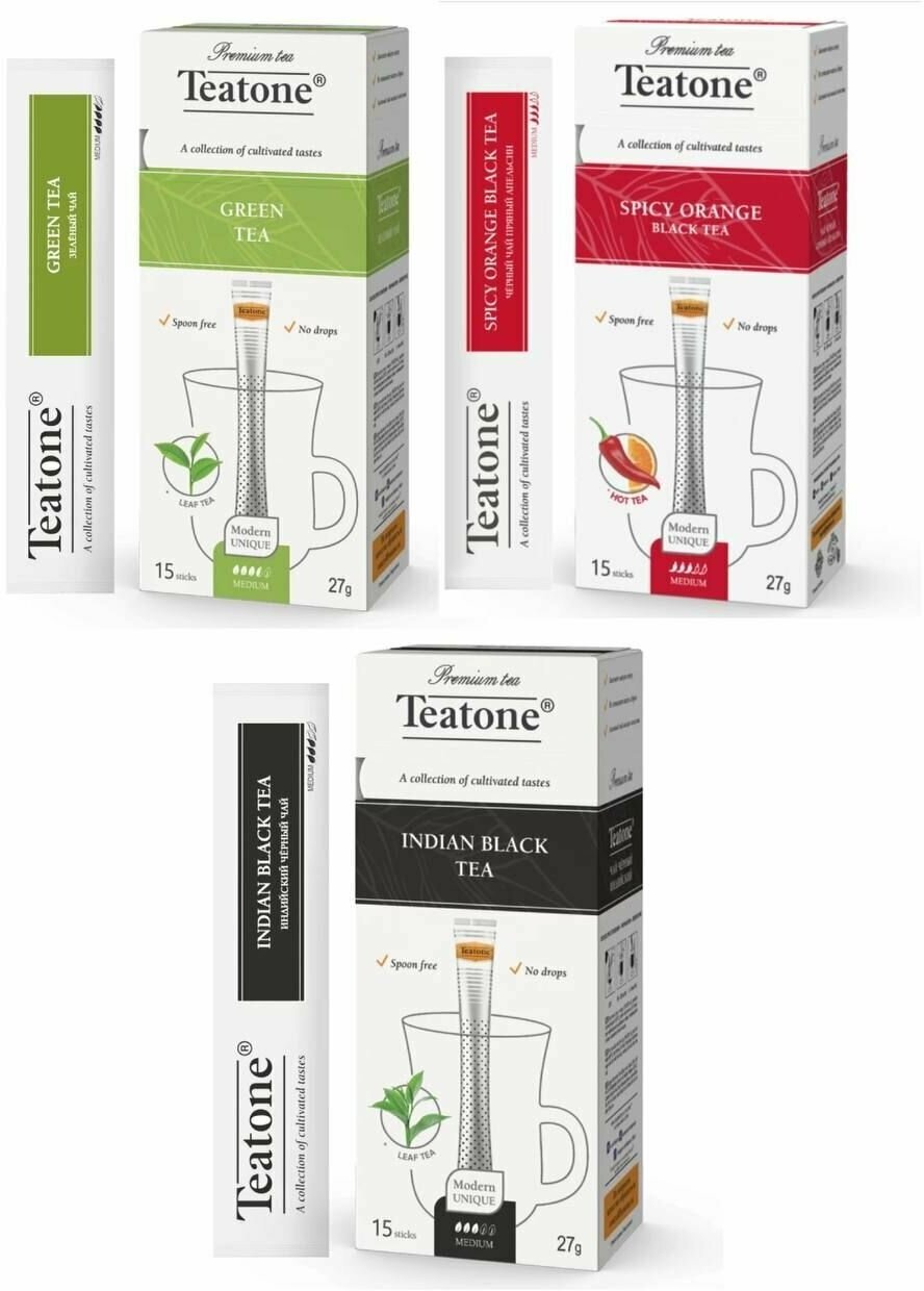 Чай черный Индийский/Пряный апельсин/Зеленый Teatone, 3 шт по 15 стиков