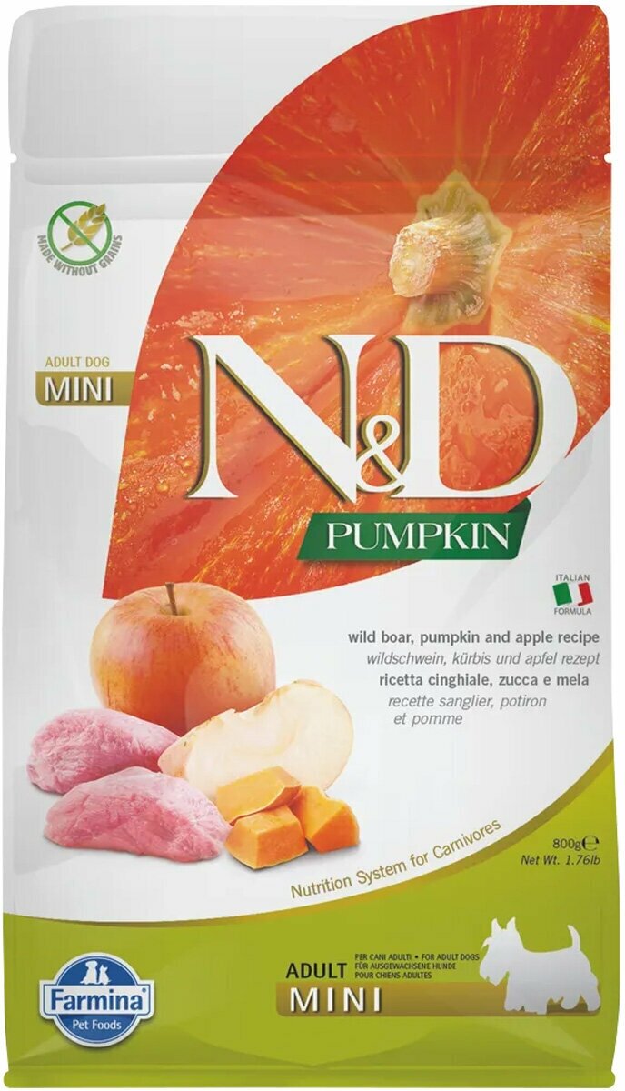 FARMINA DOG N&D GRAIN FREE PUMPKIN ADULT MINI BOAR & APPLE беззерновой для взрослых собак маленьких пород с кабаном, яблоком и тыквой (0,8 + 0,8 кг)