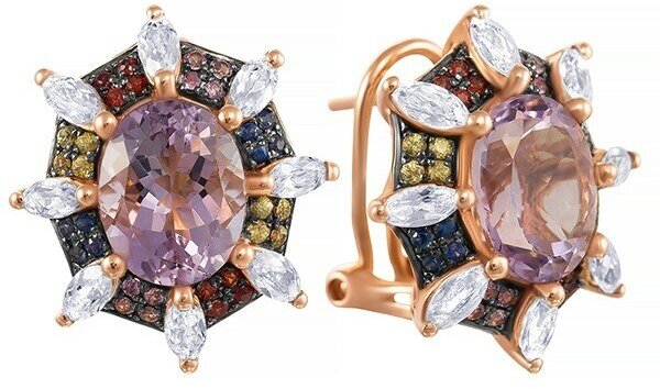 Серьги, красное золото, 585 проба, аметист, сапфир, топаз