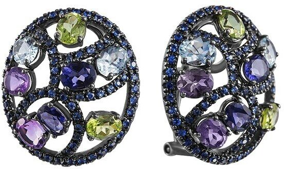 Серьги, золото, 750 проба, аквамарин, сапфир, аметист, иолит, перидот